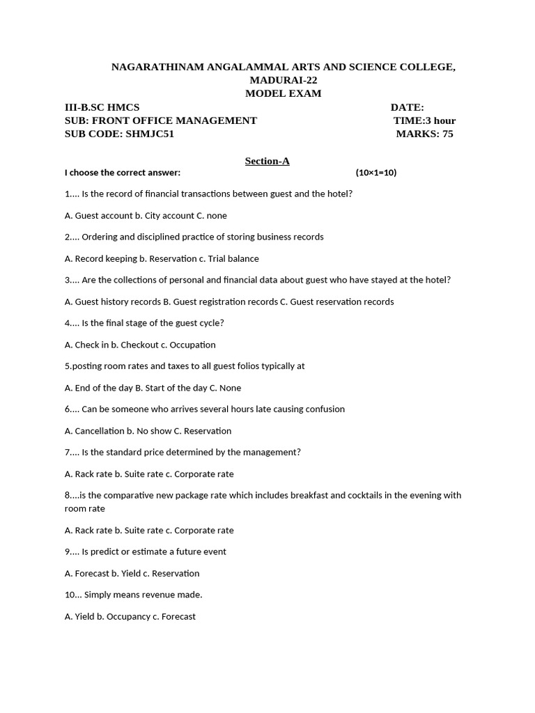 Front Office Management Exam Paper | PDF | Forecasting | Hotel