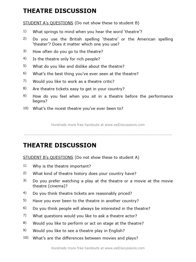 Theatre Discussion Questions for ESL Students | PDF