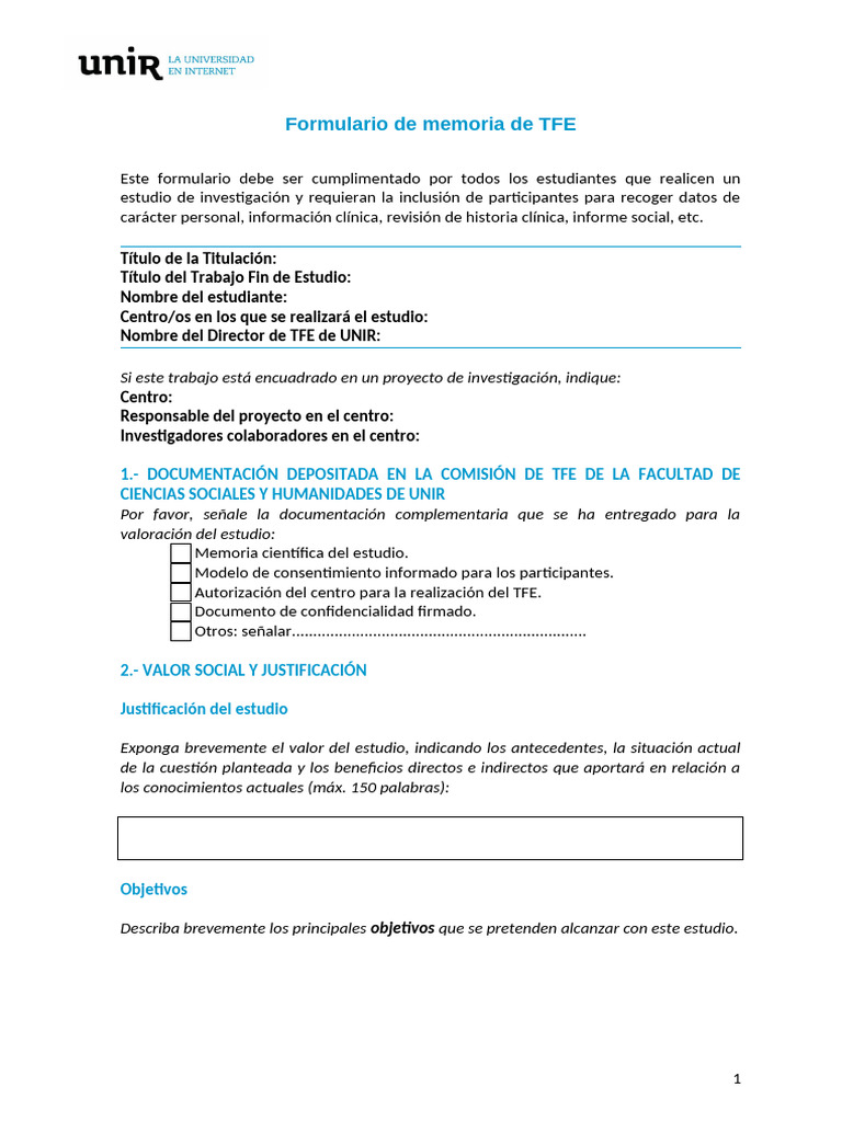 Formulario Memoria Tfe | PDF | Historial médico | Consentimiento informado