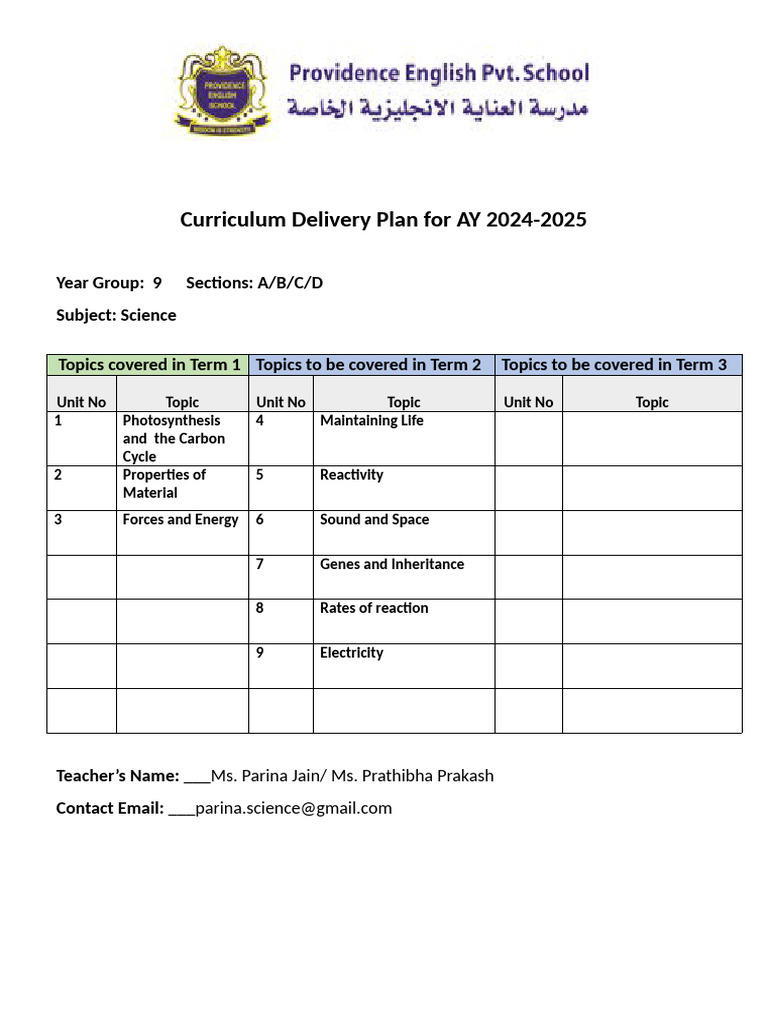 Year 9 Science Curriculum Plan 2024-2025 | PDF