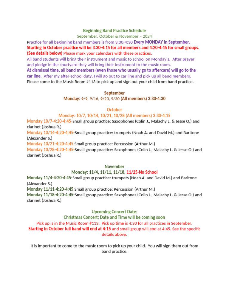 Sept._ Oct. _ Nov. Beginning Band Practice Schedule | PDF