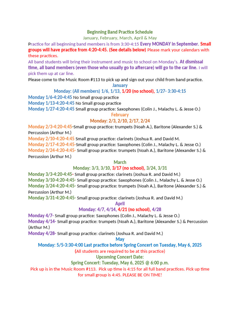 Jan.-May Beginning Band Practice Schedule 2 | PDF | Saxophone | Musical ...