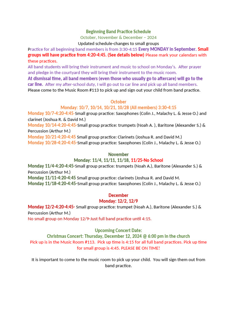 Oct. - Nov. - Dec. Beginning Band Practice Schedule | PDF | Musicology ...