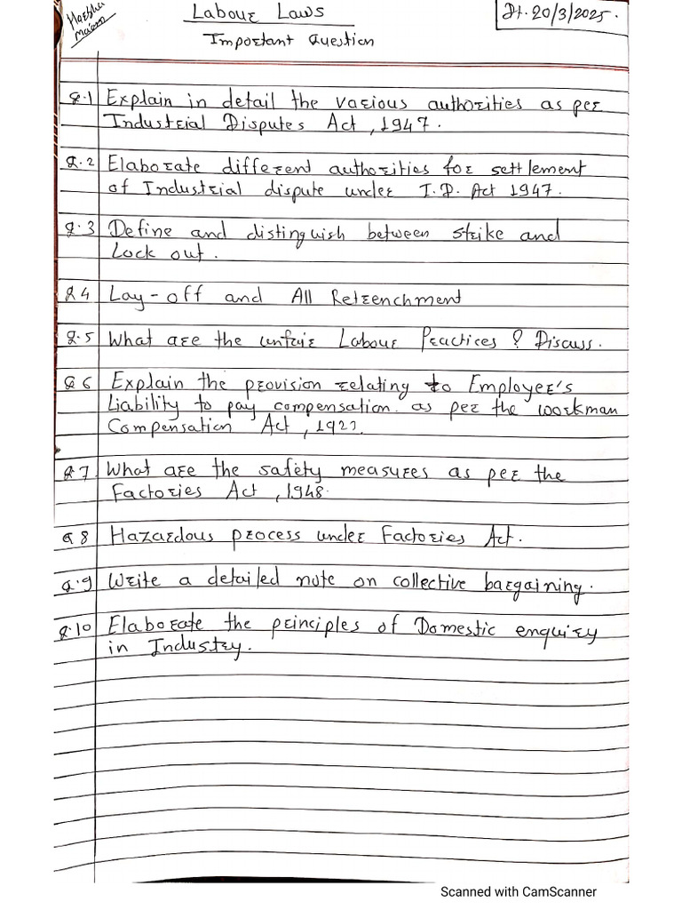 Important Questions Labour Laws | PDF