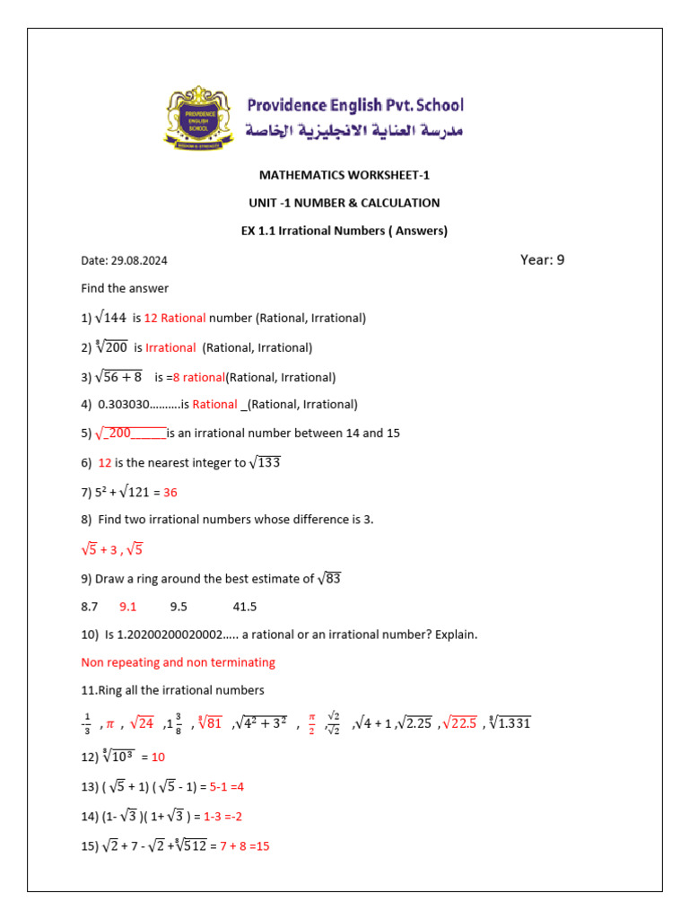 Ans EX 1.1 MATHEMATICS WORKSHEET | PDF