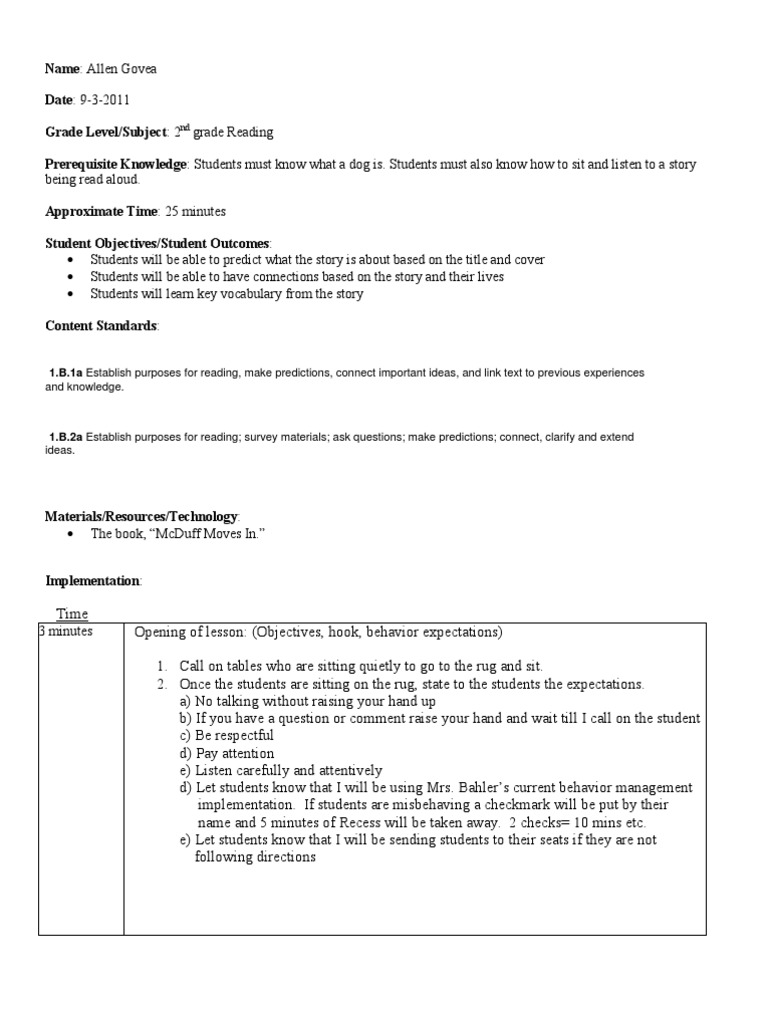 2nd Grade Reading Lesson Plan: McDuff | PDF | Reading Comprehension ...