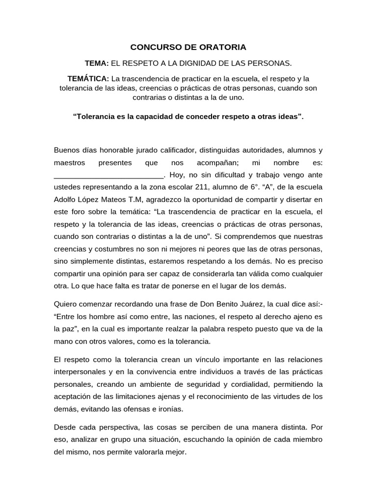 Oratoria Respeto y Tolerancia | PDF | Tolerancia