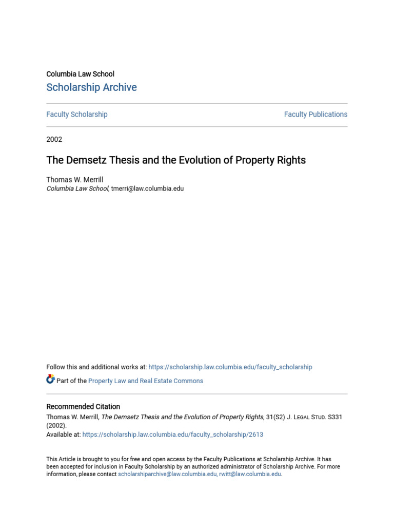 The Demsetz Thesis and The Evolution of Property Rights | PDF ...