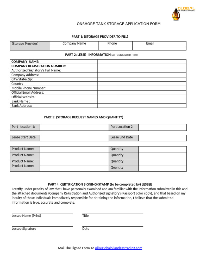 Onshore Tank Storage Application Form | PDF