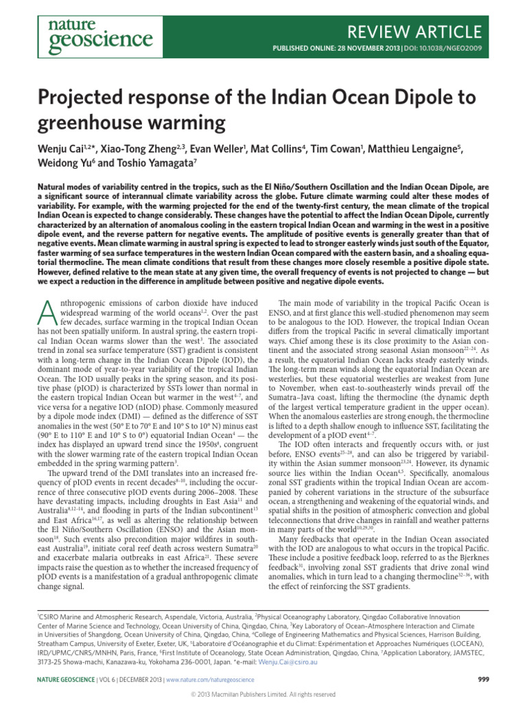 Indian Ocean Dipole and Climate Change | PDF | Sea Surface Temperature ...