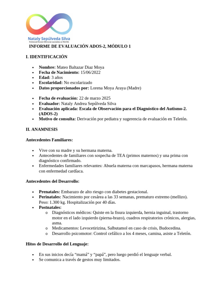 Informe de Evaluación ADOS-2 Módulo 1 | PDF | Autismo | Cuidado de la salud