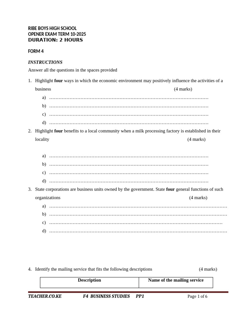 Form 4 Business Studies Exam 2025 | PDF | Economic Equilibrium ...