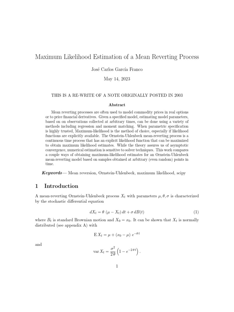 MLE For OR Mean Reverting | PDF | Estimator | Stochastic Differential Equation