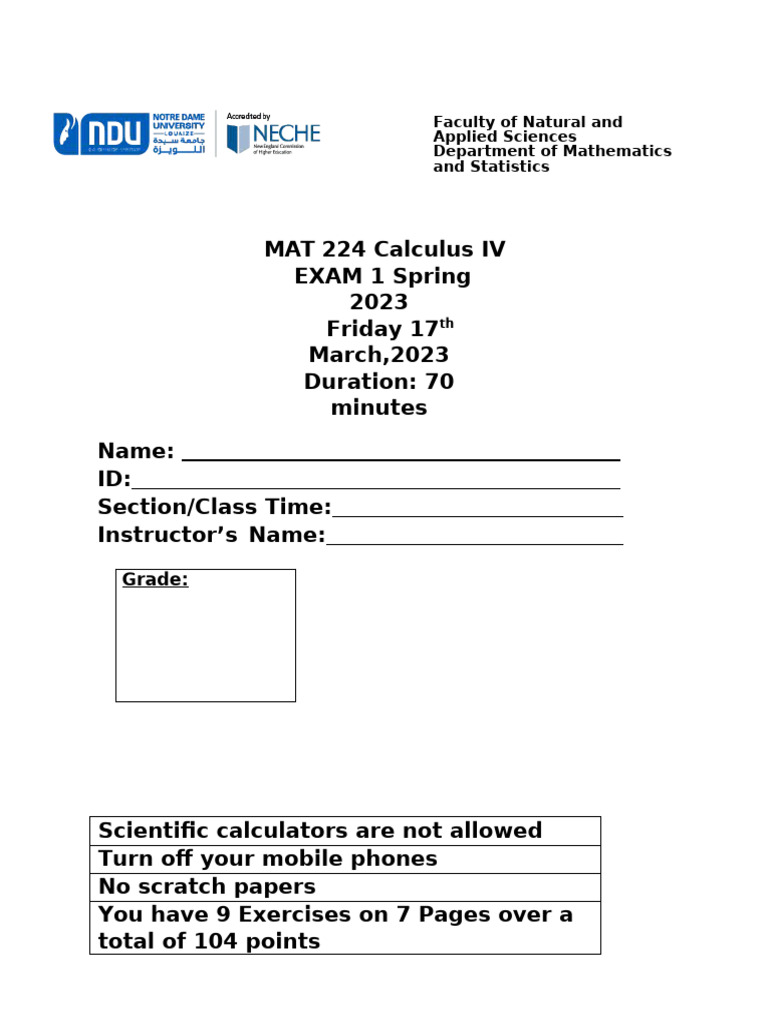 MAT 224-A B C Spring 2023 Exam 1-T.nicolakis & M. Zoghbi | PDF | Function (Mathematics) | Calculus