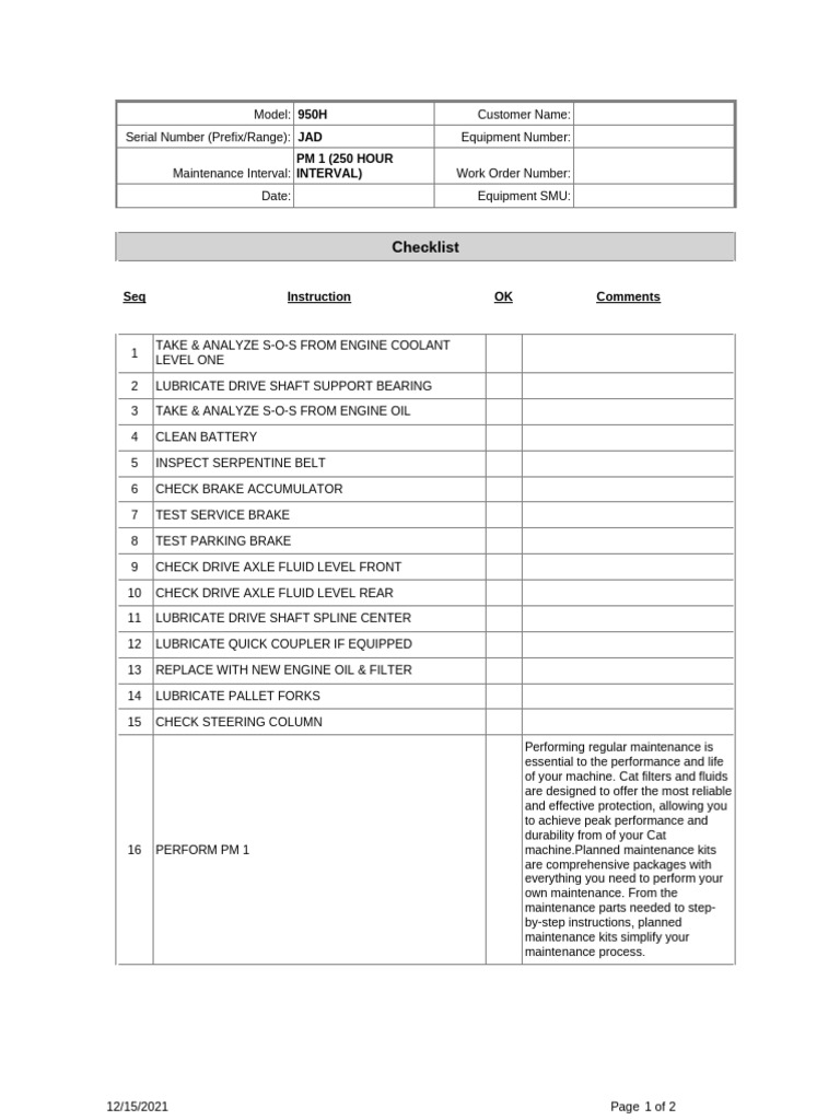 Checklist 01 950H Jad00001 99999 PM - 1 - Metric | PDF | Motor Oil ...