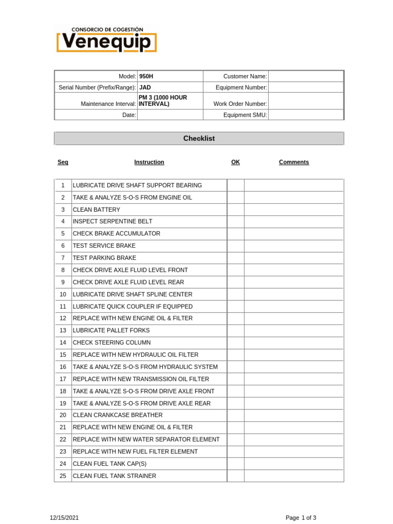 950H Maintenance Checklist PM 3 | PDF | Motor Oil | Automotive Industry