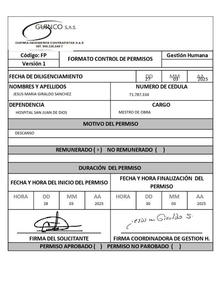 Formato de Permisos Sotarco | PDF