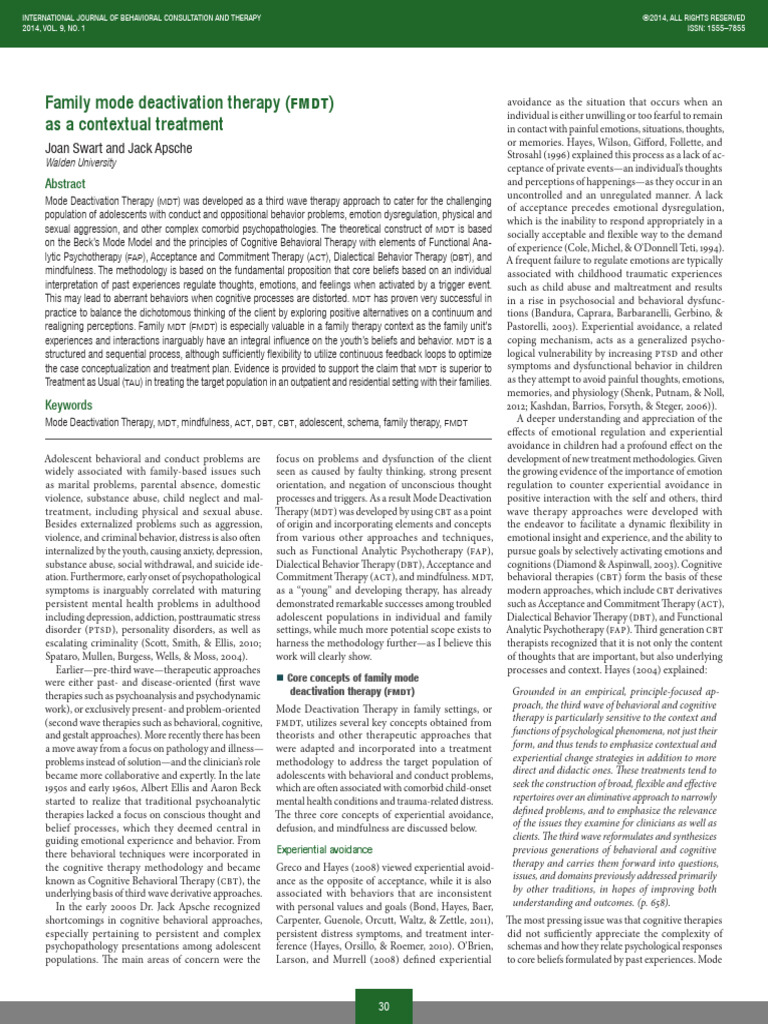 Family mode deactivation therapy (FMDT) | PDF | Psychotherapy | Cognitive Behavioral Therapy