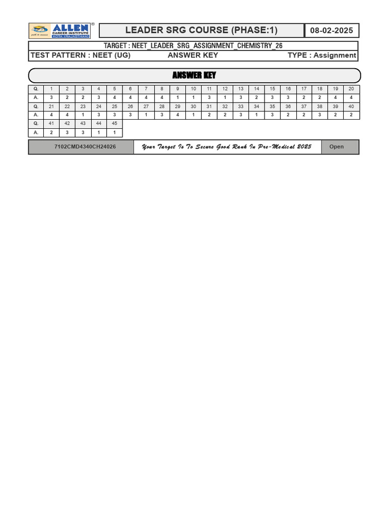 Neet Leader SRG Assignment Chemistry Answer 08 02 2025 | PDF
