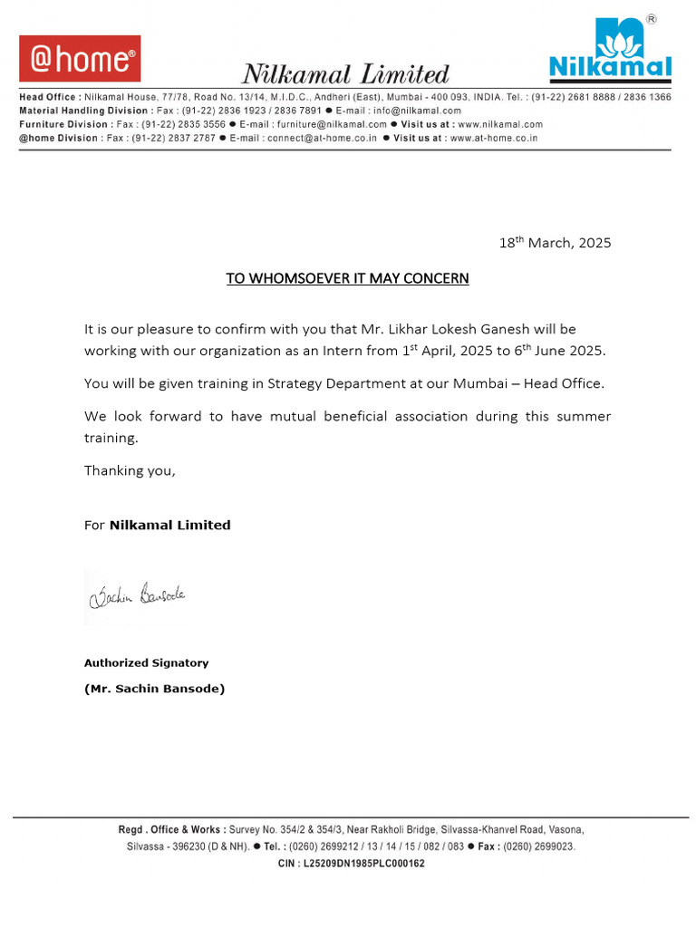 Likhar Lokesh Ganesh - Intern Offer Letter | PDF