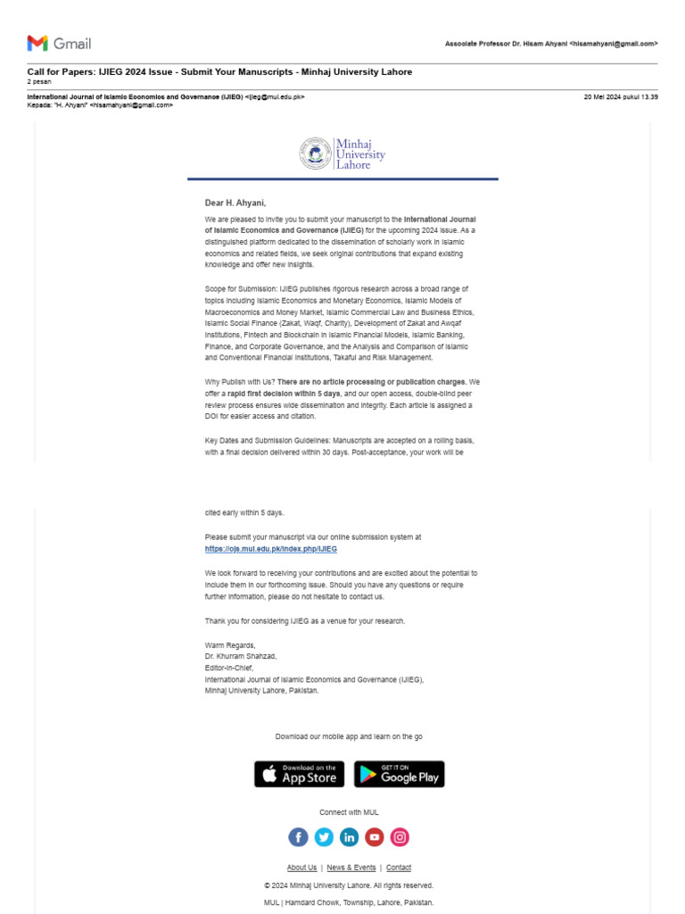 Gmail - Call For Papers - IJIEG 2024 Issue - Submit Your Manuscripts - Minhaj University Lahore ...