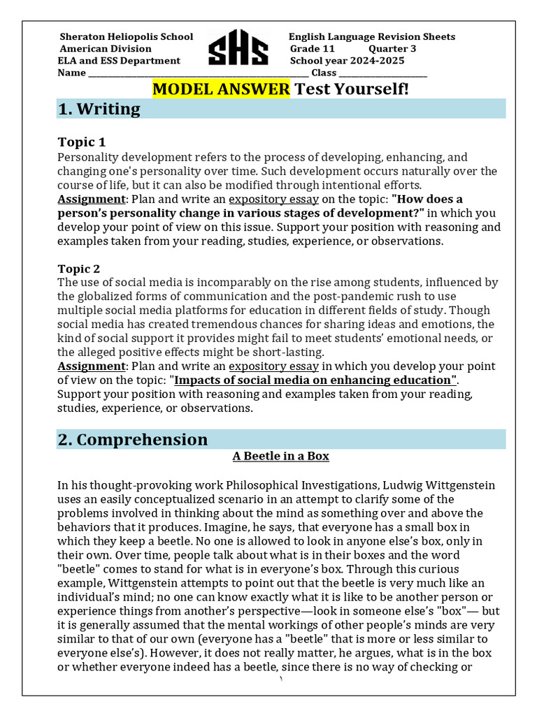G 11 ELA revision Q 3 MODEL ANSWER | PDF | Mind | Semantics
