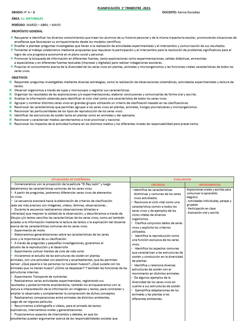 4° A-B, Planif Trim NATURALES - 1° | PDF | Plantas | Enseñando