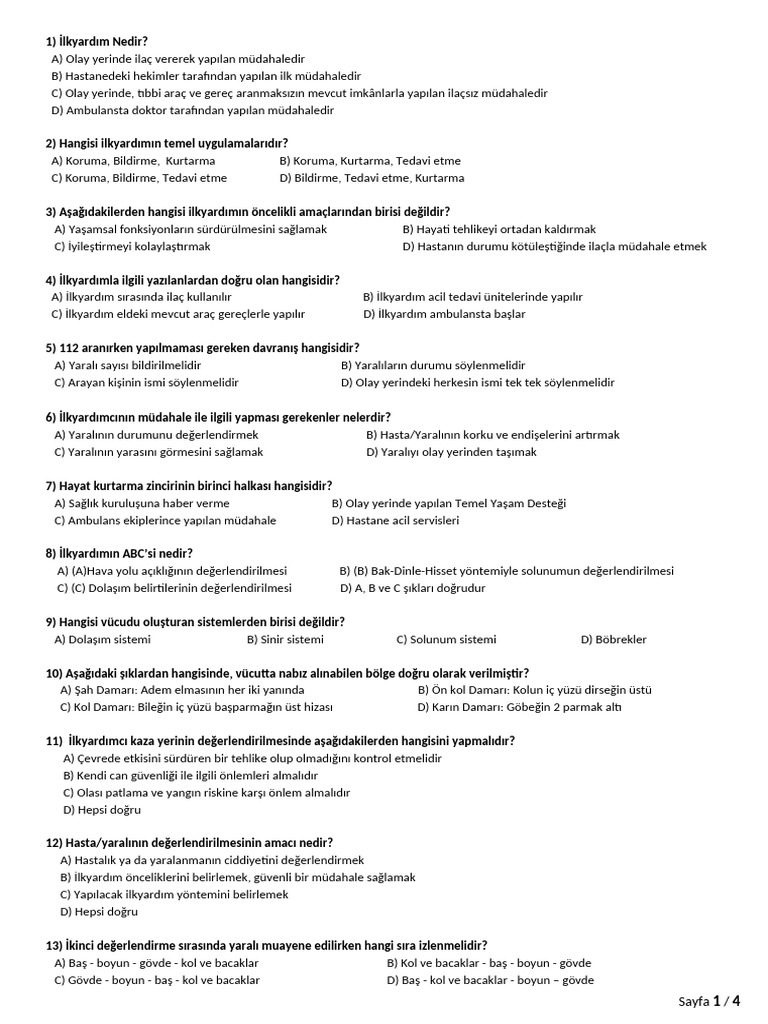 İlkyardim Deneme Sinavi - 50 Soru | PDF