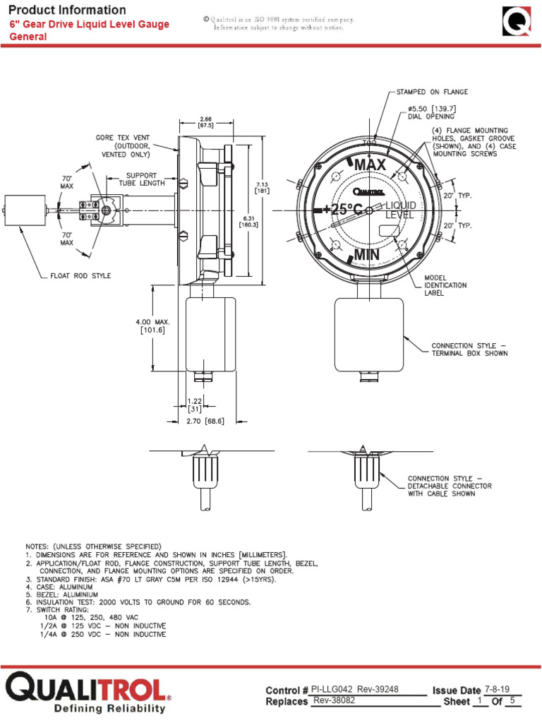 6" Gear Drive Liquid Level Gauge Guide | PDF | Angle | Electrical Connector