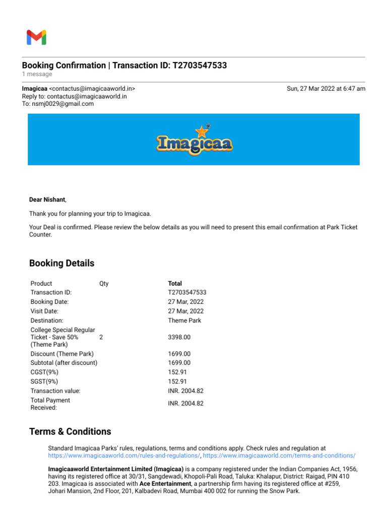 Gmail - Booking Confirmation - Transaction ID - T2703547533 | PDF | Clothing