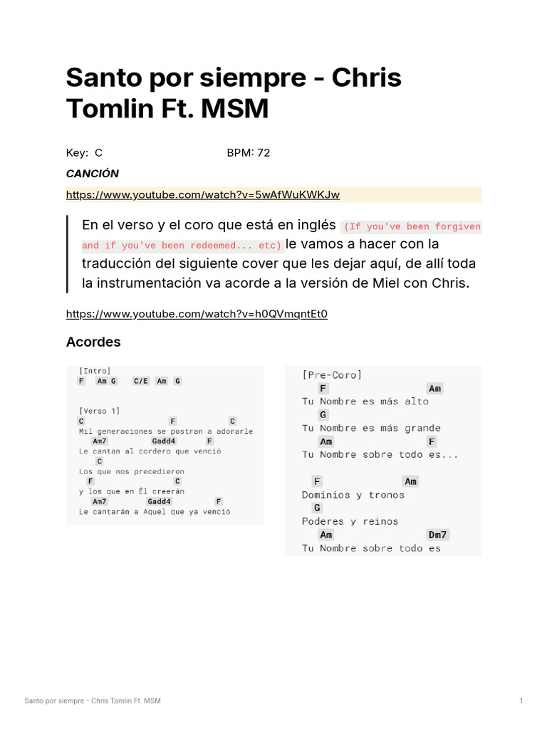Santo Por Siempre - Chris - Tomlin Ft. MSM | PDF