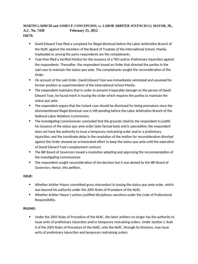 MARTIN LAHM III and JAMES P. CONCEPCION, vs. LABOR ARBITER JOVENCIO Ll ...