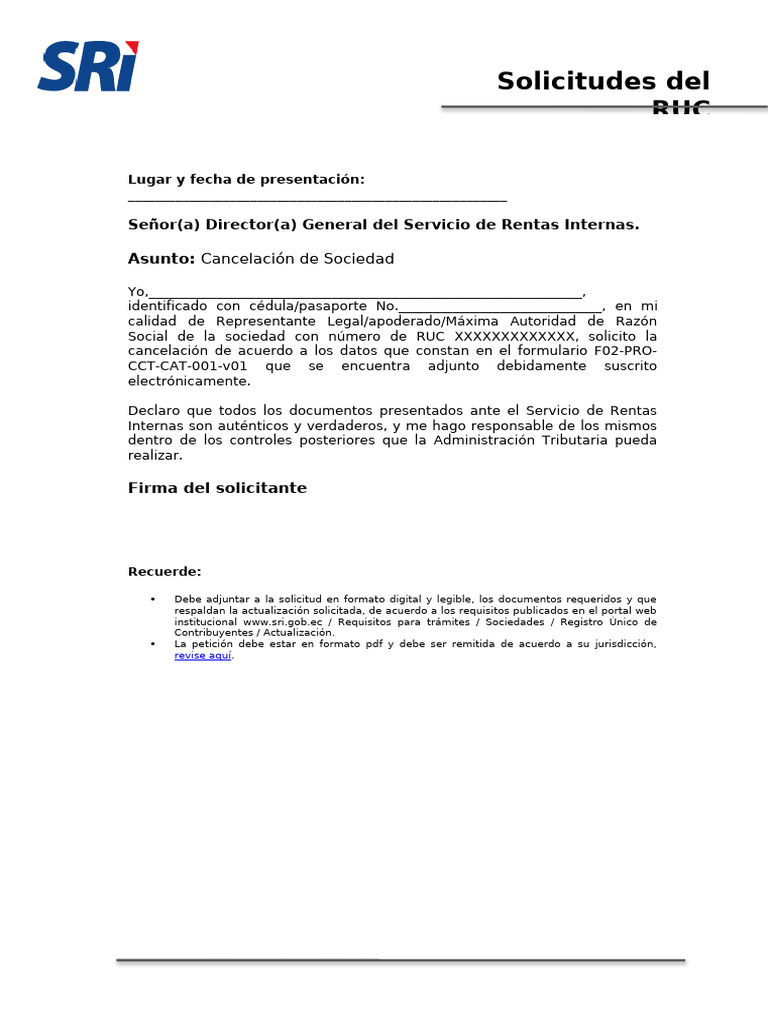 Formato Solicitudes RUC Cancelacion - Sociedades | PDF