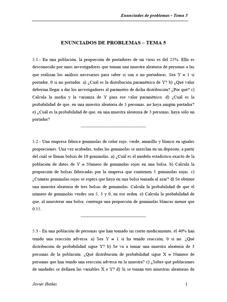Enunciados Problemas - T5 | PDF | Muestreo (Estadísticas) | Probabilidad
