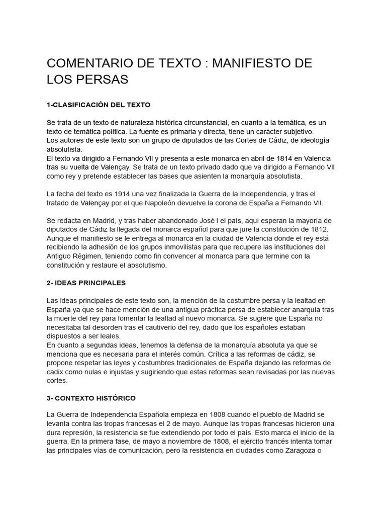 Comentario de Texto - Manifiesto de Los Persas | PDF | España | Guerra peninsular
