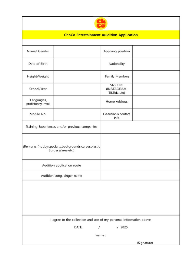 ChoCo Entertainment Audition Application | PDF