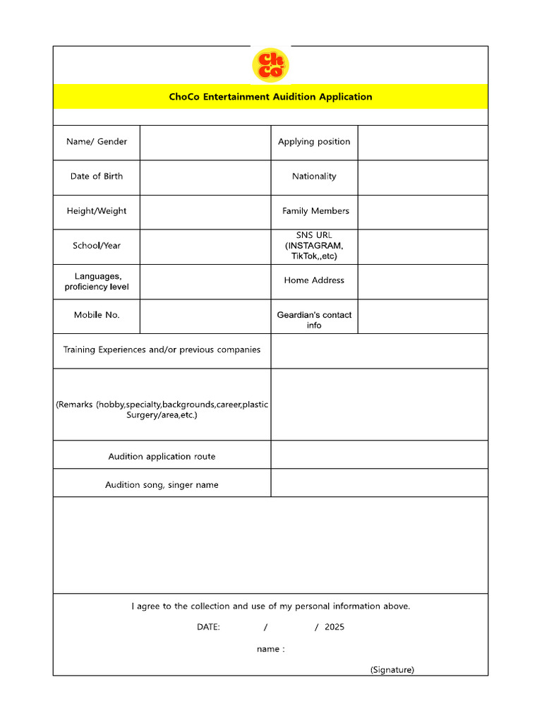 ChoCo Entertainment Audition Application | PDF