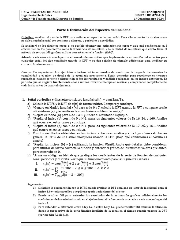 Guia 4 DSP 2024 - Parte I | PDF | Transformada discreta de Fourier | Transformada rápida de Fourier