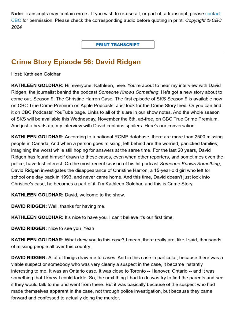 Transcript - Crime Story, Episode 56 - CBC Radio | PDF