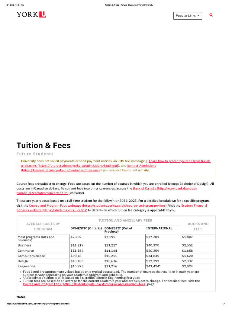 York University Tuition and Fees Overview | PDF | York University | Tuition Payments