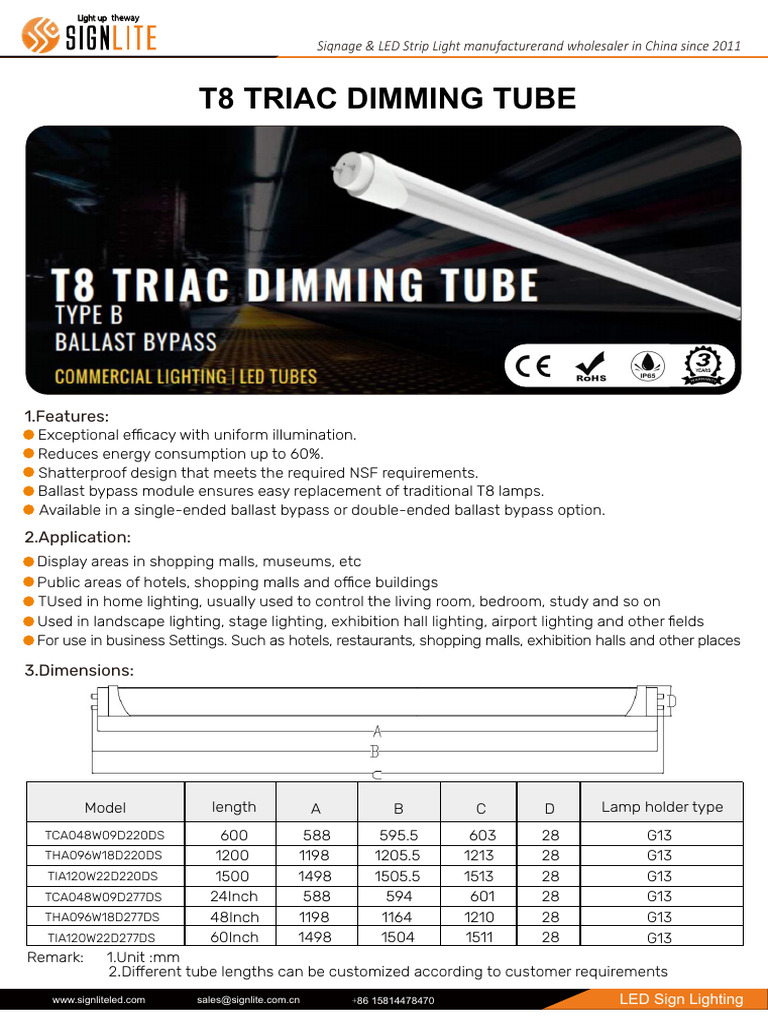 TRIAC Dimmable T8 LED Tube Light Specification 241128 | PDF | Lighting ...