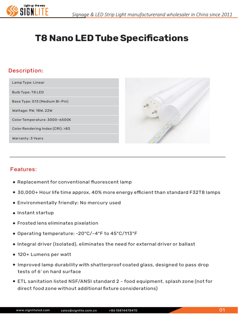 T8 LED Tube Specifications and Features | PDF | Equipment | Lighting