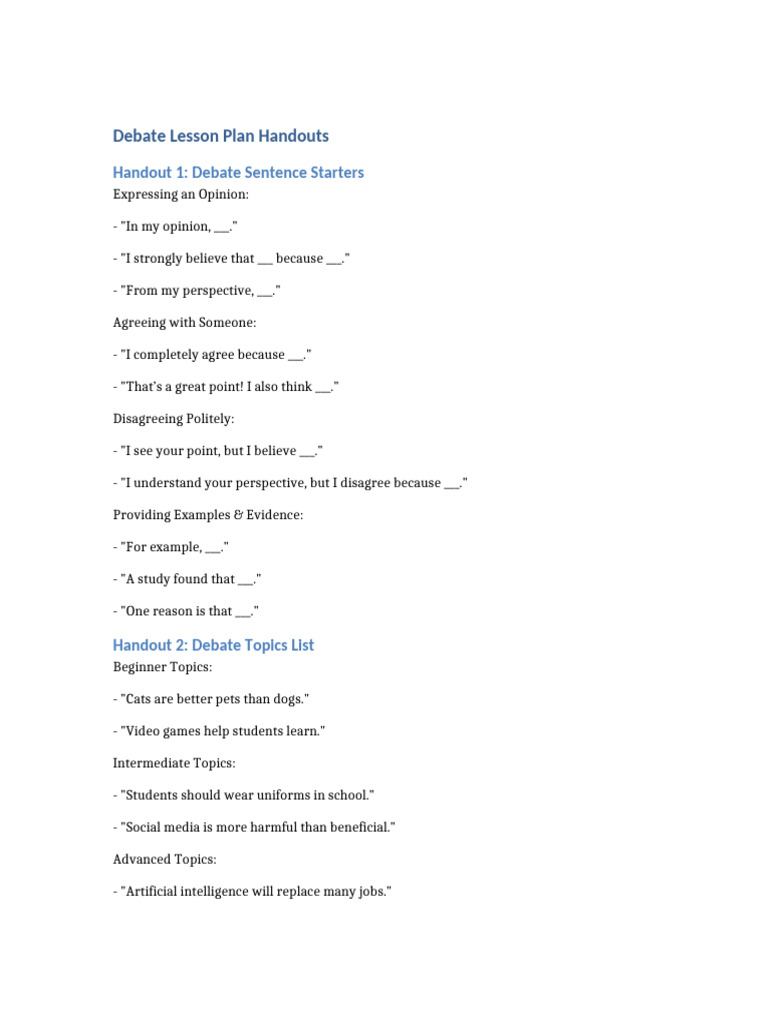 Debate Lesson Plan Handouts | PDF | Evidence | Cognition