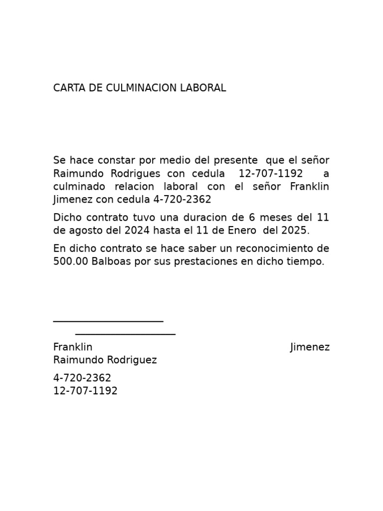 Carta de Culminacion Laboral | PDF