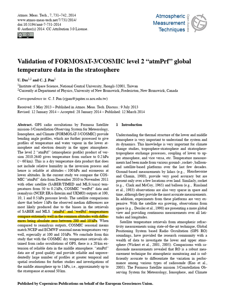 2014 Validation of FORMOSAT-3 - COSMIC Level 2 "AtmPrf" Global ...