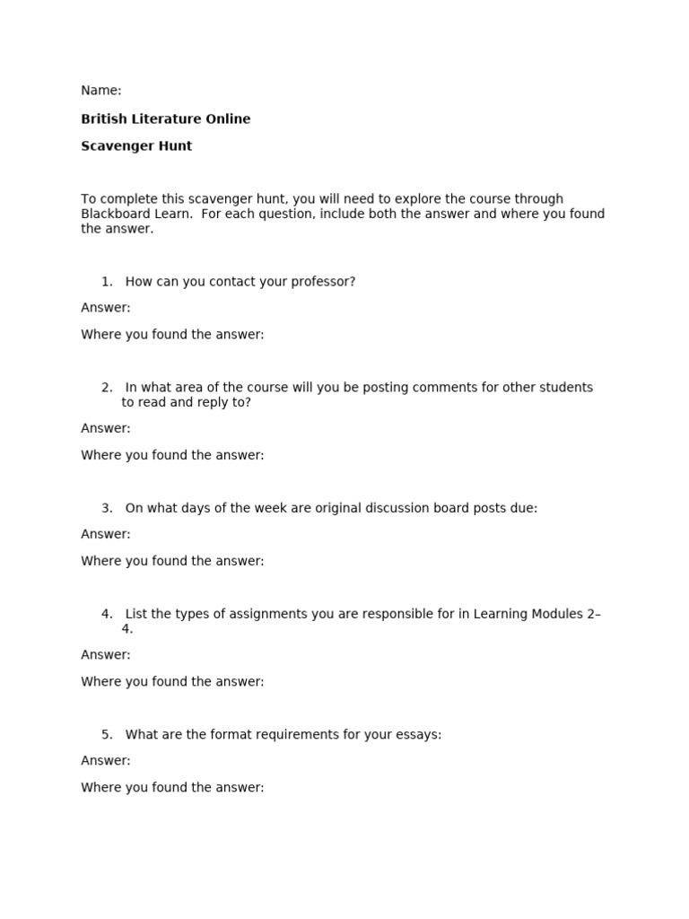 British Literature Online Scavenger Hunt | PDF