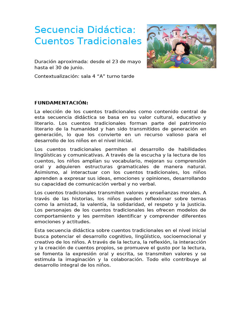 Secuencia Didáctica CUENTOS TRADICIONALES | PDF | Educación de la primera infancia | Aprendizaje