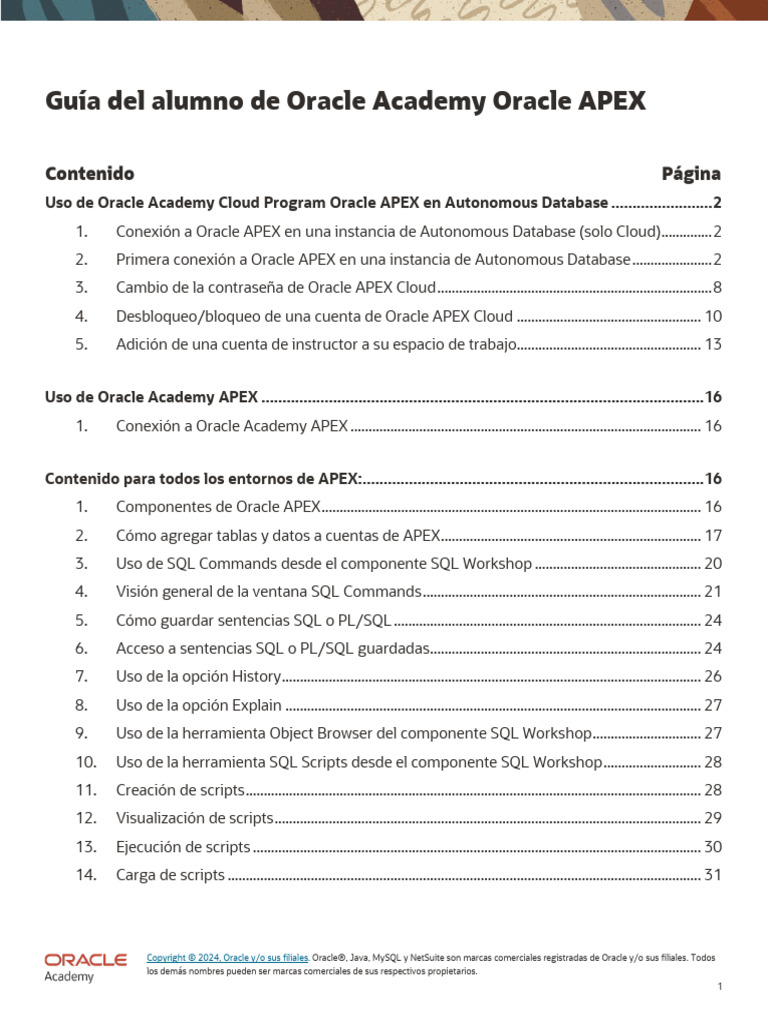 Oracle APEX Learner Guide Esp | PDF | SQL | Mi sql