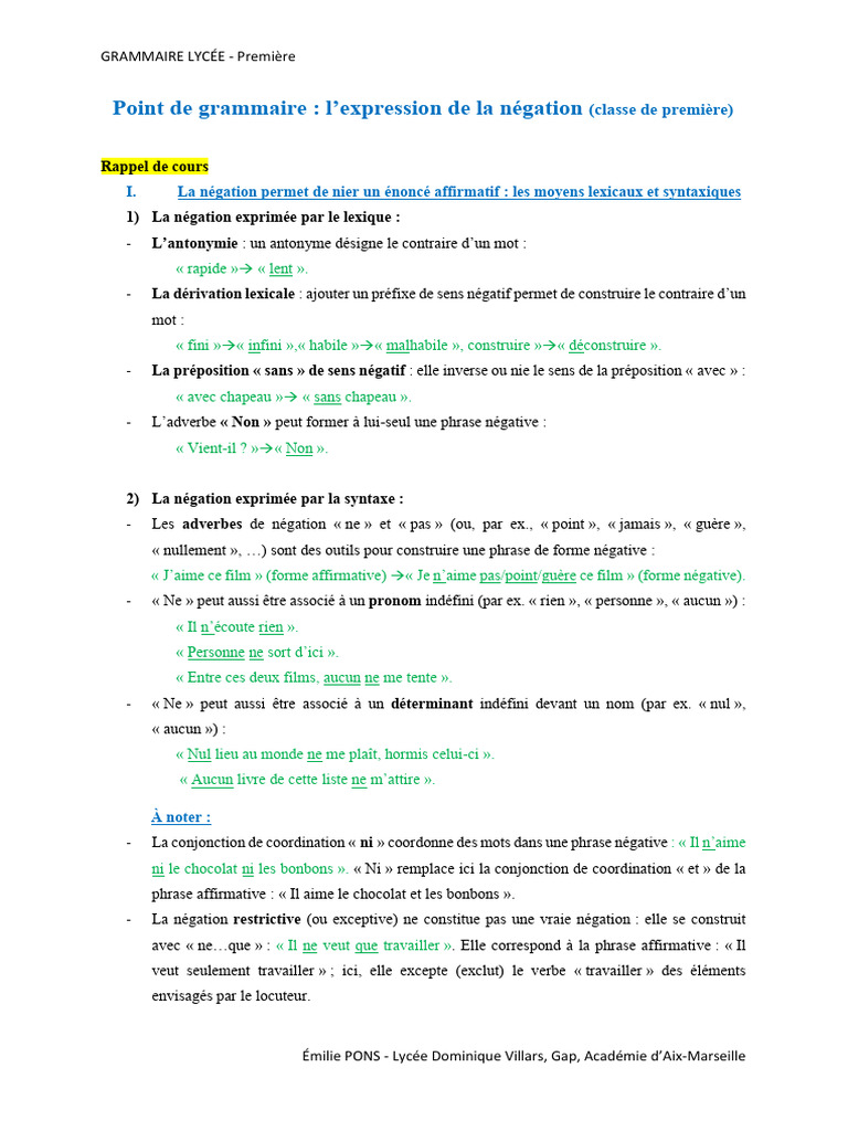 Négation en grammaire de première | PDF