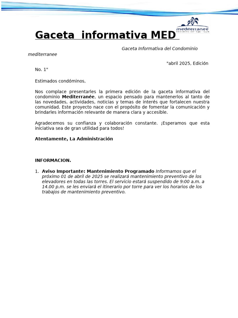 Gaceta Informativa Edicion 01 Condominio Mediterranee | PDF